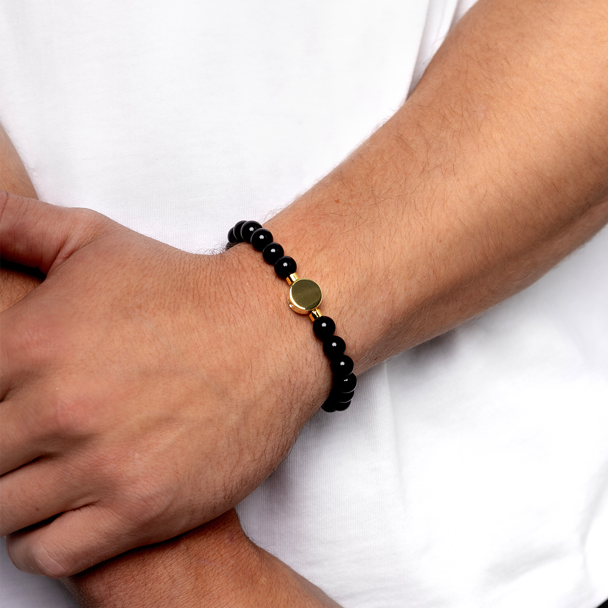 Men’s Large Beaded Black Agate Urn Bracelet - Gold | Engravers Guild